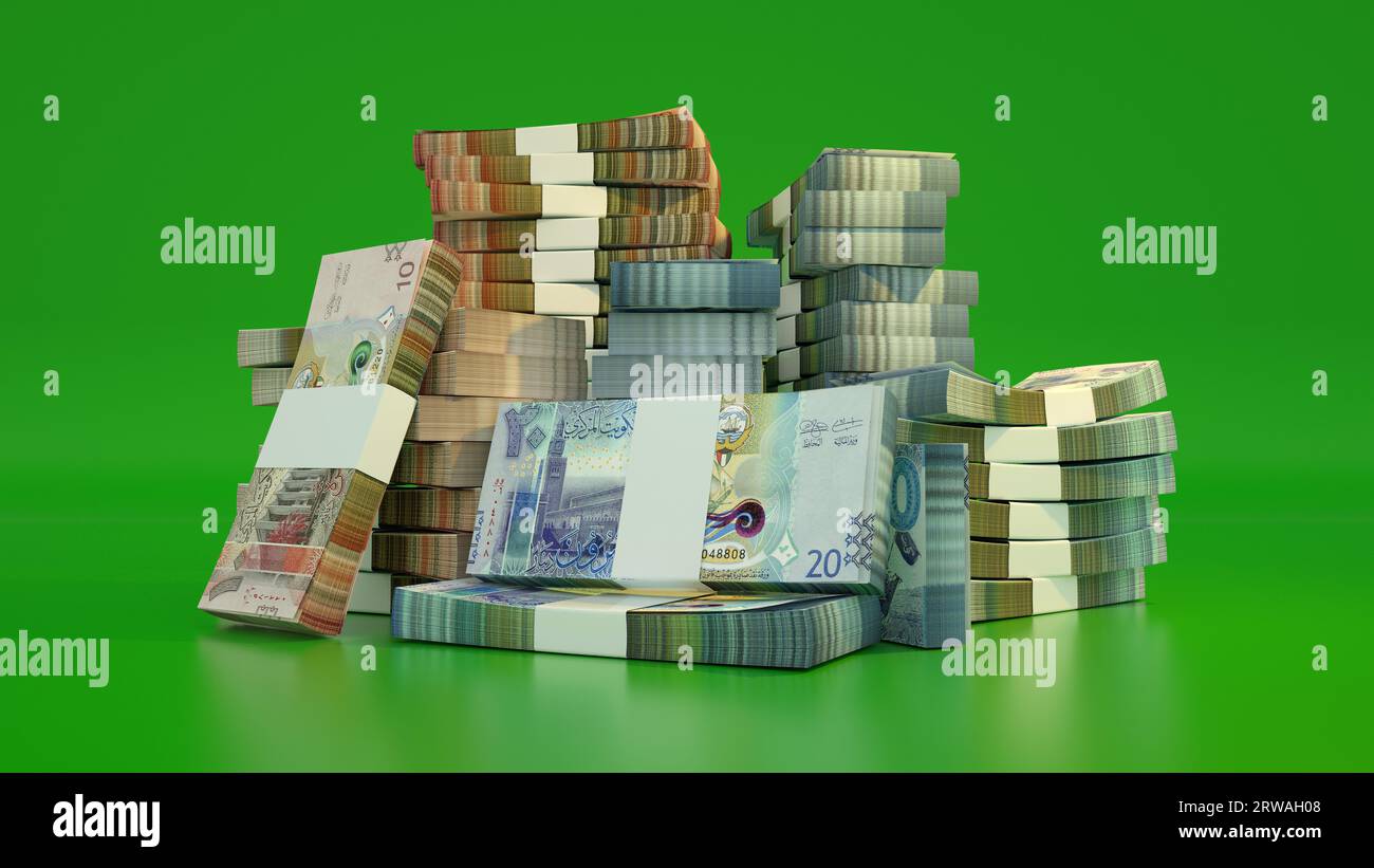 Stacks of Kuwaiti dinar notes. A lot of money isolated on green ...