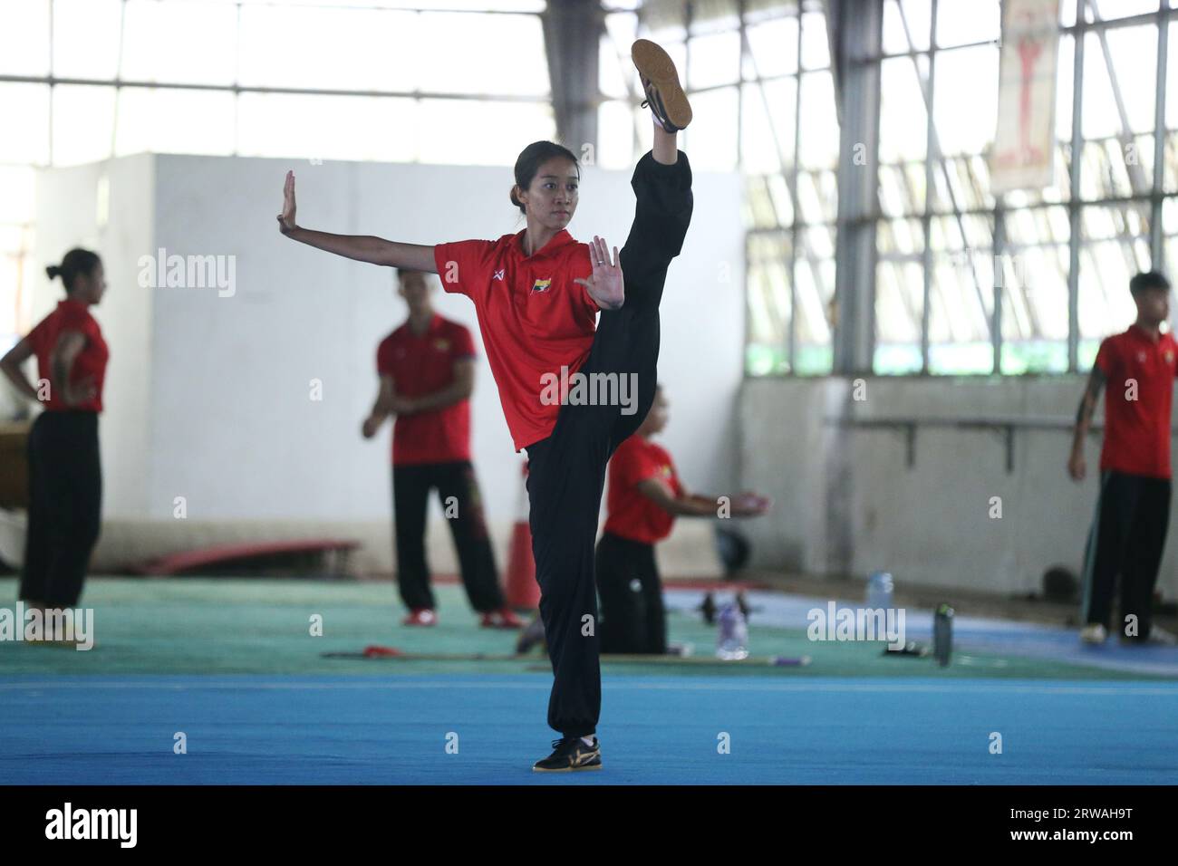 Yangon, Myanmar. 18th Sep, 2023. An athlete of Myanmar's Wushu team attends a training session ...
