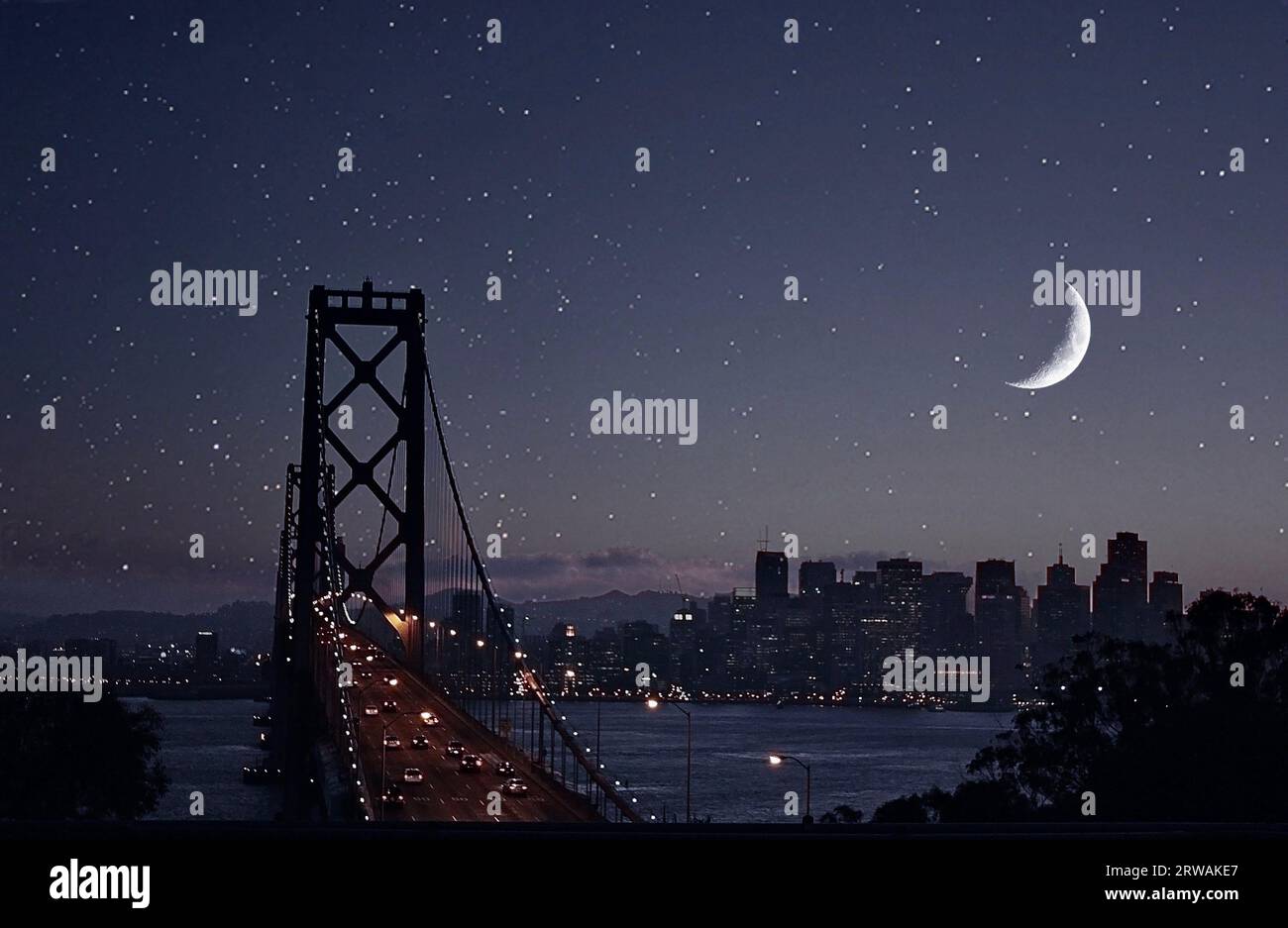 Crescent Moon over Bay Bridge and City Skyline at night, San Francisco ...