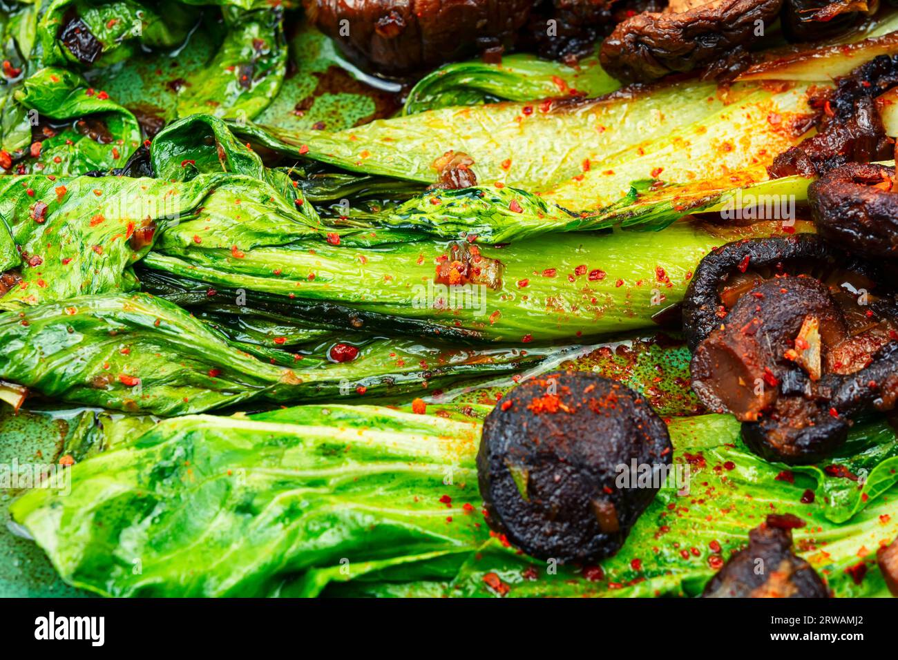 Baked Pak Choi with shitake mushrooms. Healthy food, food background ...