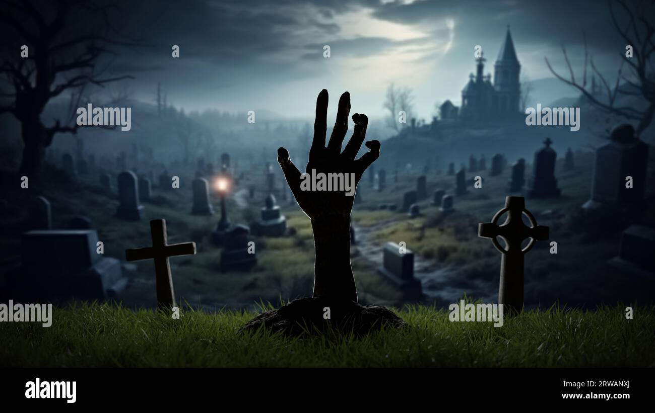 Hand of risen dead from grave in cemetery, Halloween grave crosses ...