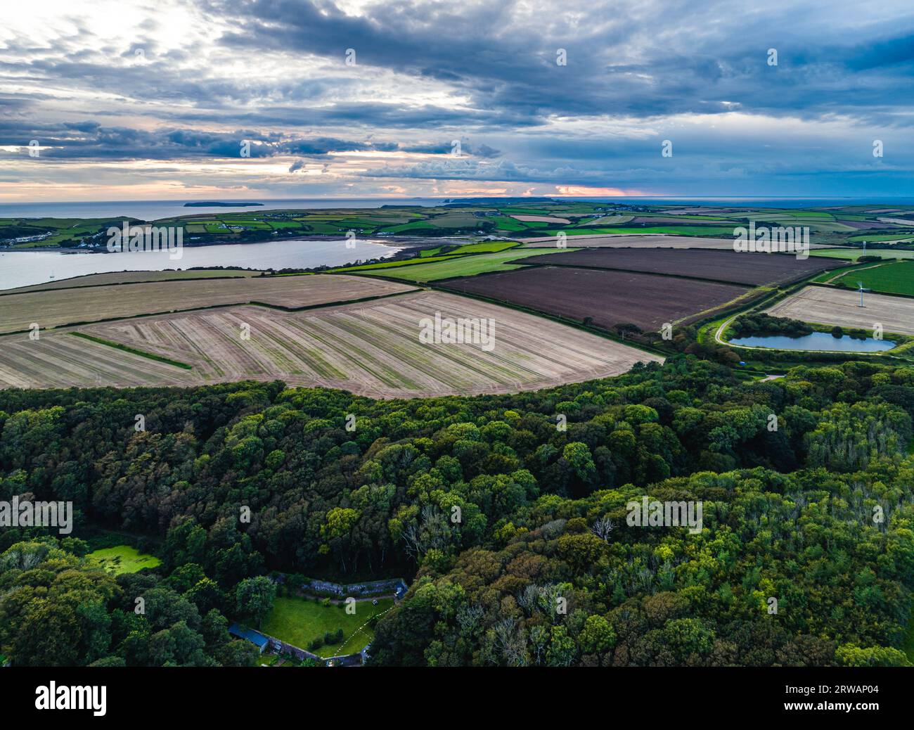 Sunset over Fields and Farms from a drone, Monk Haven Beach ...
