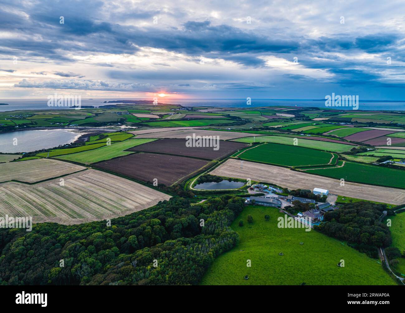 Sunset over Fields and Farms from a drone, Monk Haven Beach ...