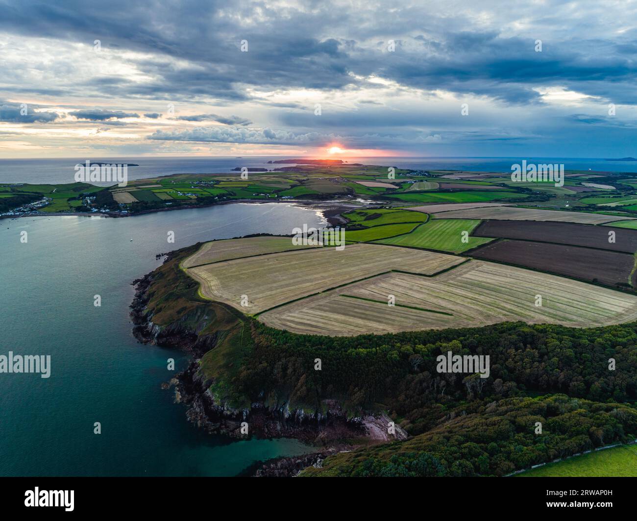 Sunset over Fields and Farms from a drone, Monk Haven Beach ...