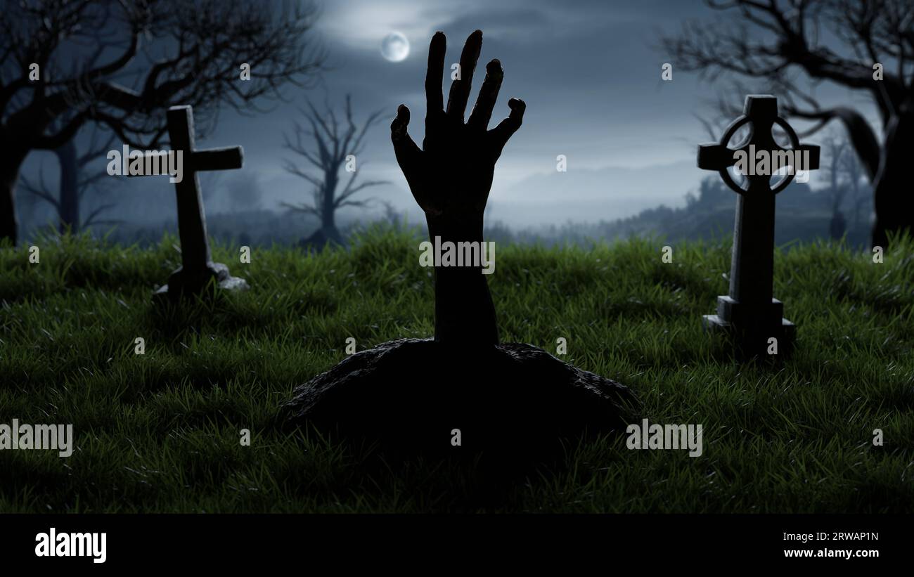 Halloween Hand of risen dead from grave in cemetery, grave crosses ...
