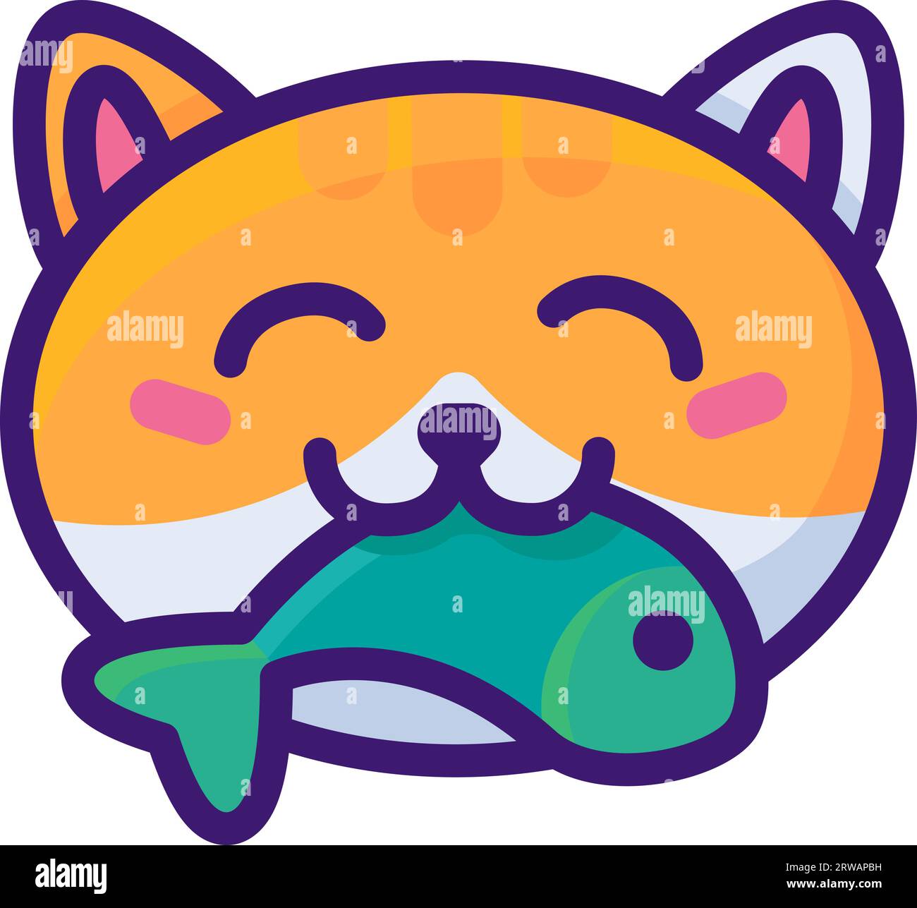 Satisfied fluffy cat face eating tasty fish in mouth. Delicious lunch ...