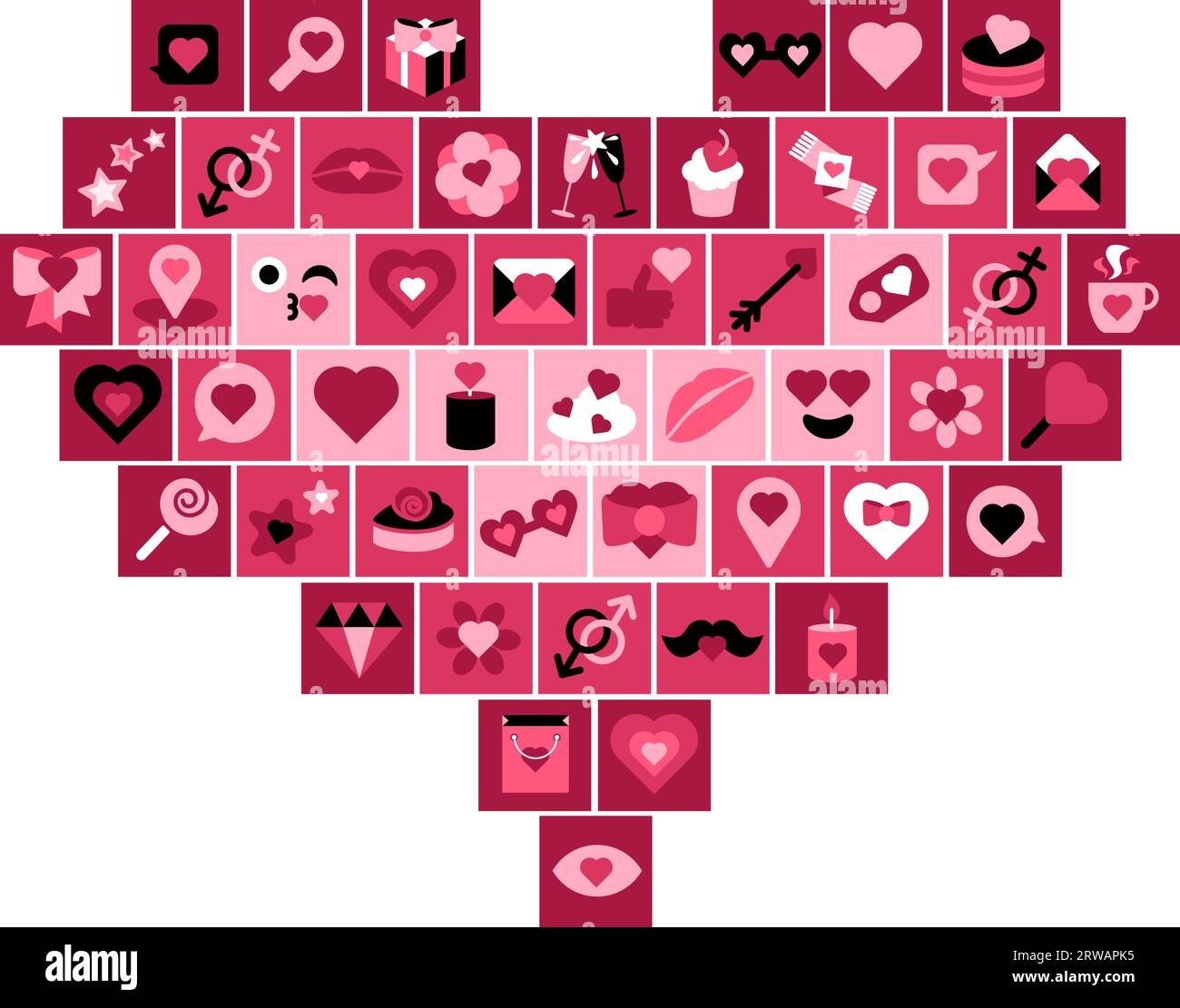 Heart shaped collage stacked of square pink icons with symbols and ...