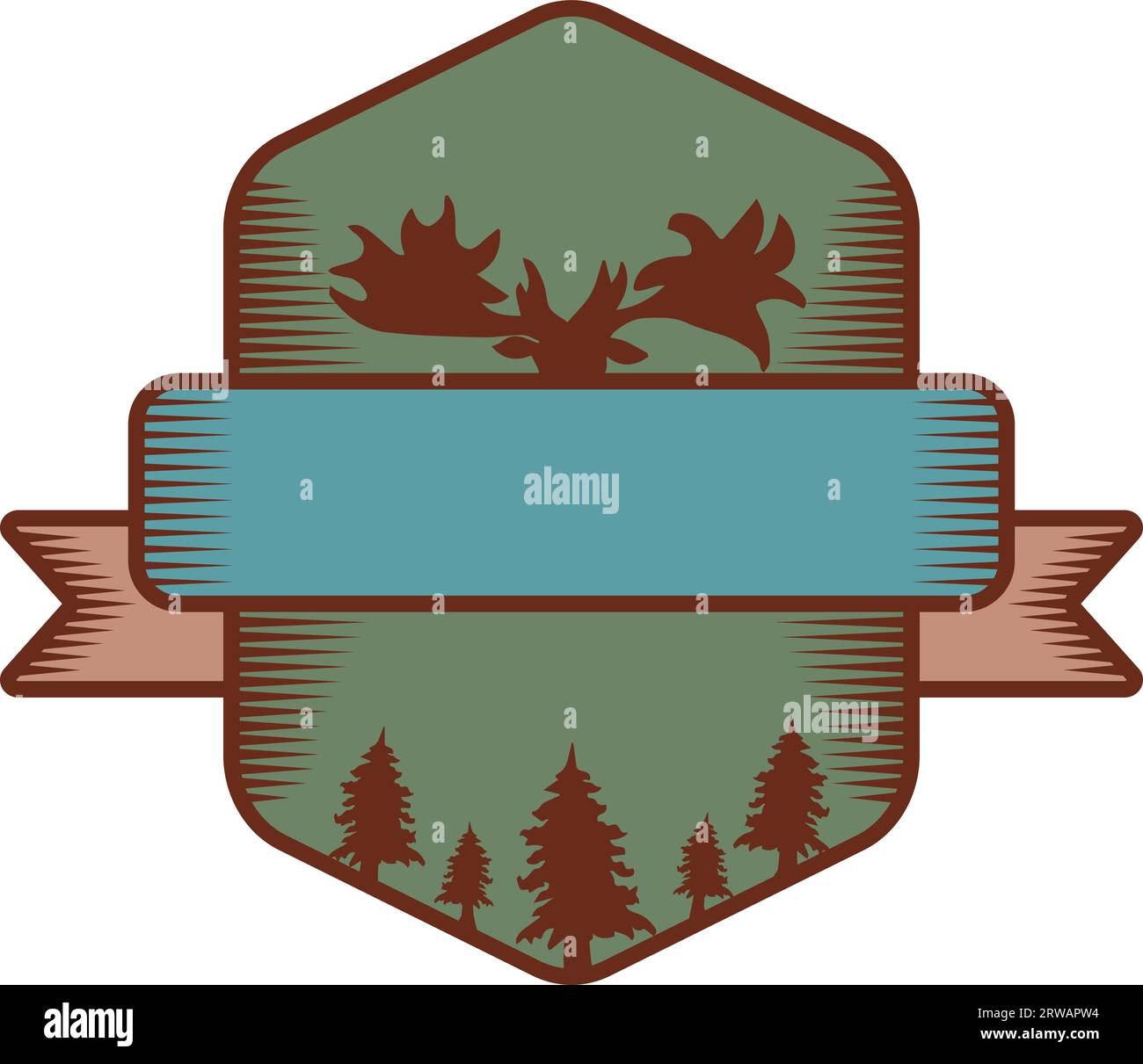 Colored logo emblem of seasoned male moose with huge antlers in forest ...