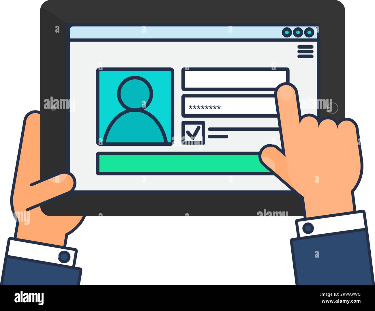 User hand enters data on website of consumer on portable tablet ...