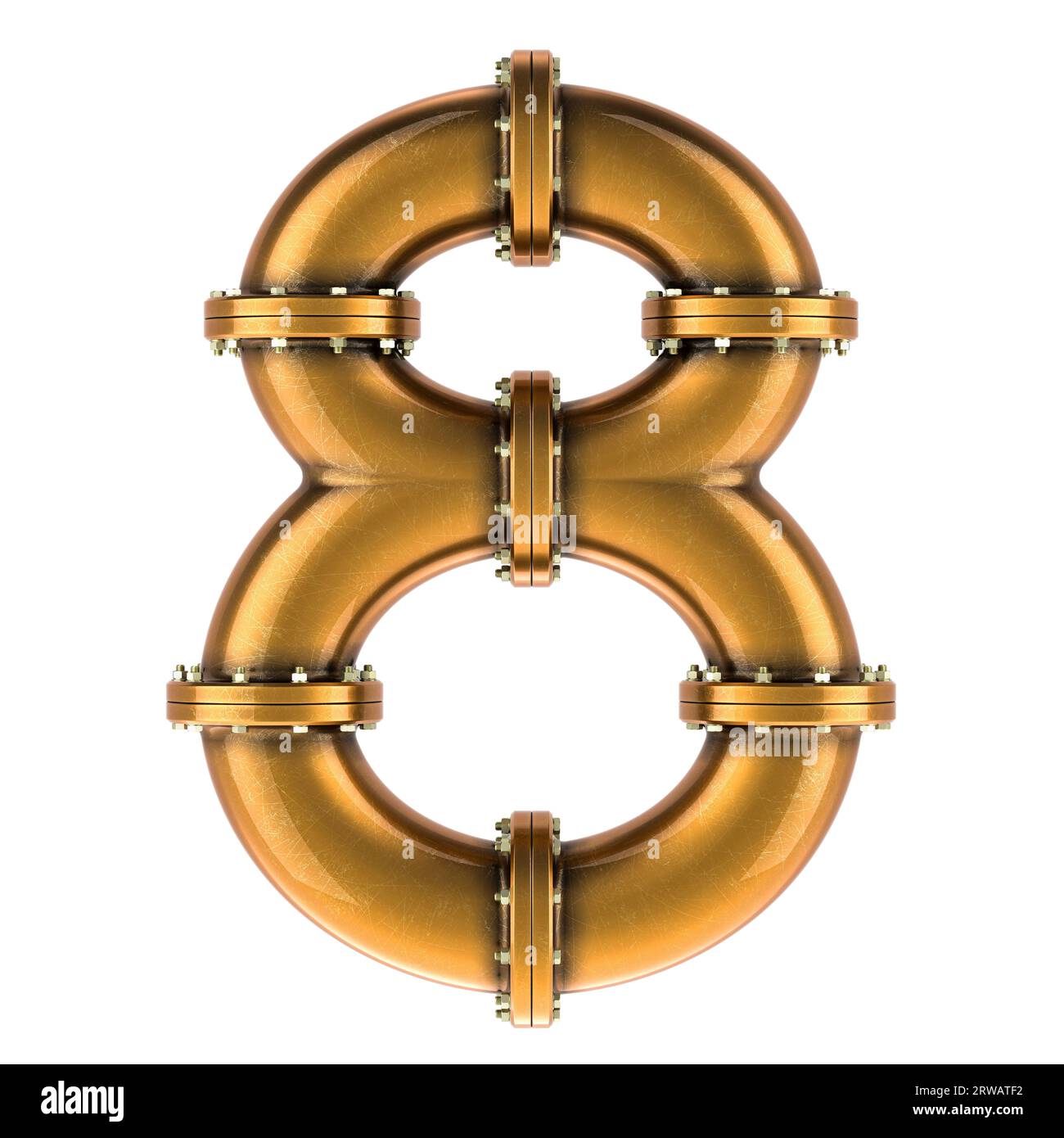 Number 8 from copper, bronze or brass pipes, 3D rendering isolated on ...