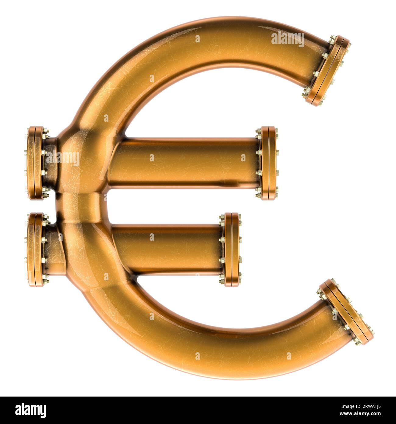 Euro sign from copper, bronze or brass pipes, 3D rendering isolated on ...
