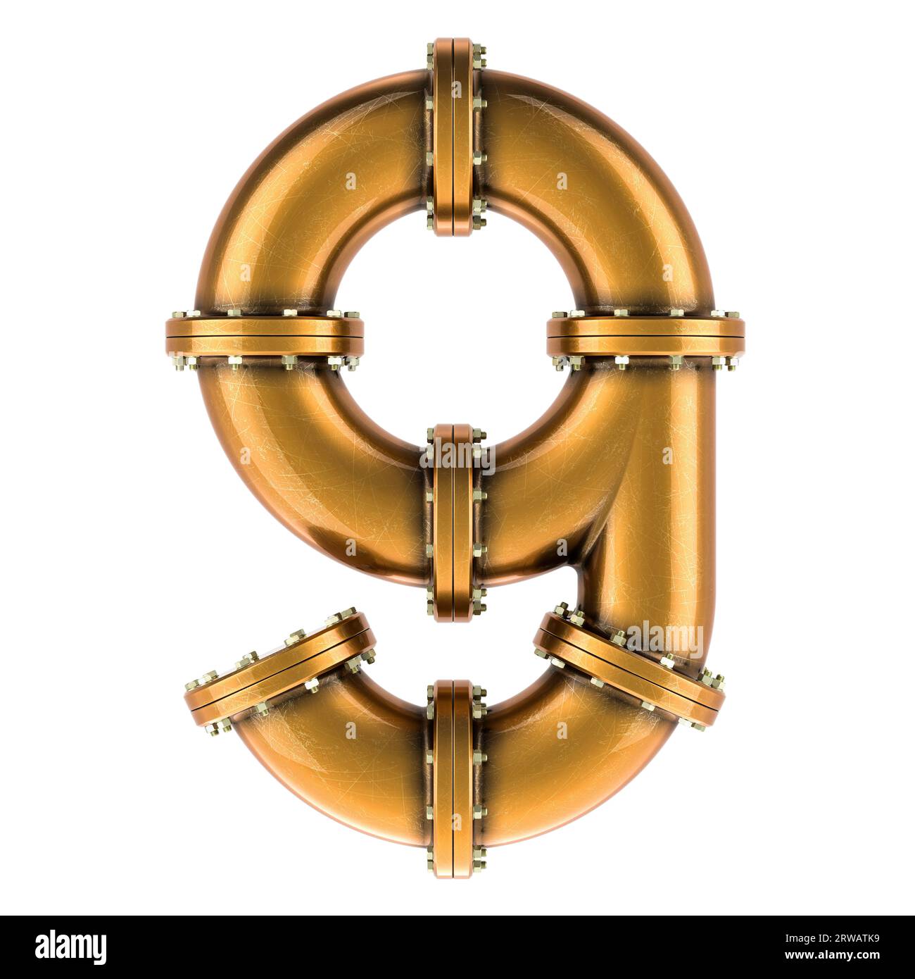 Number 9 from copper, bronze or brass pipes, 3D rendering isolated on ...