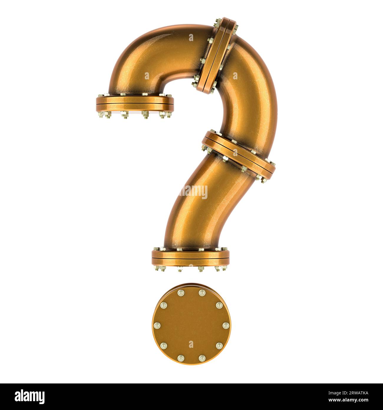 Question mark from copper, bronze or brass pipes, 3D rendering isolated on white background ...