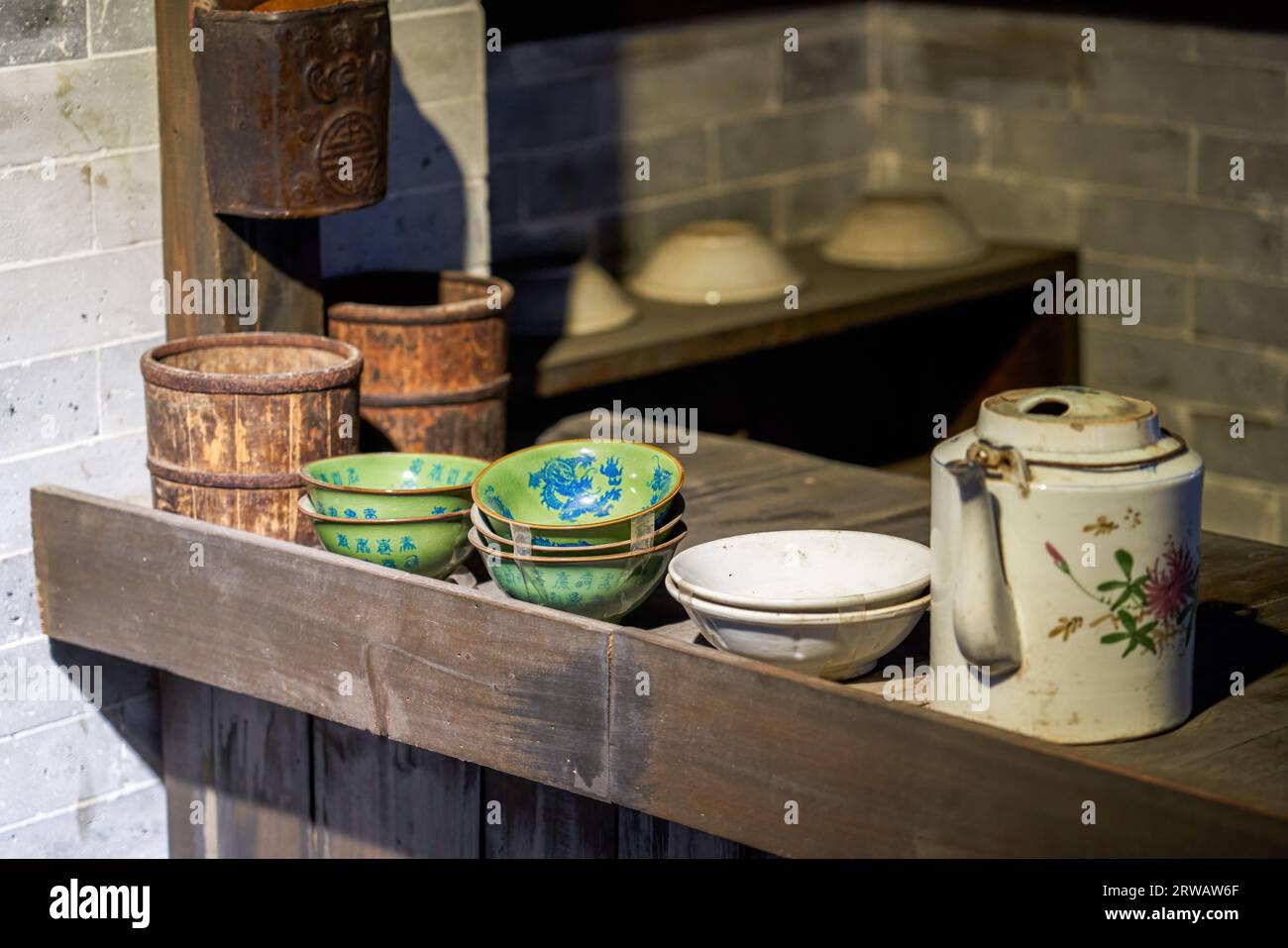 Old tea bowls and teapots in ancient Chinese traditional teahouse Stock ...