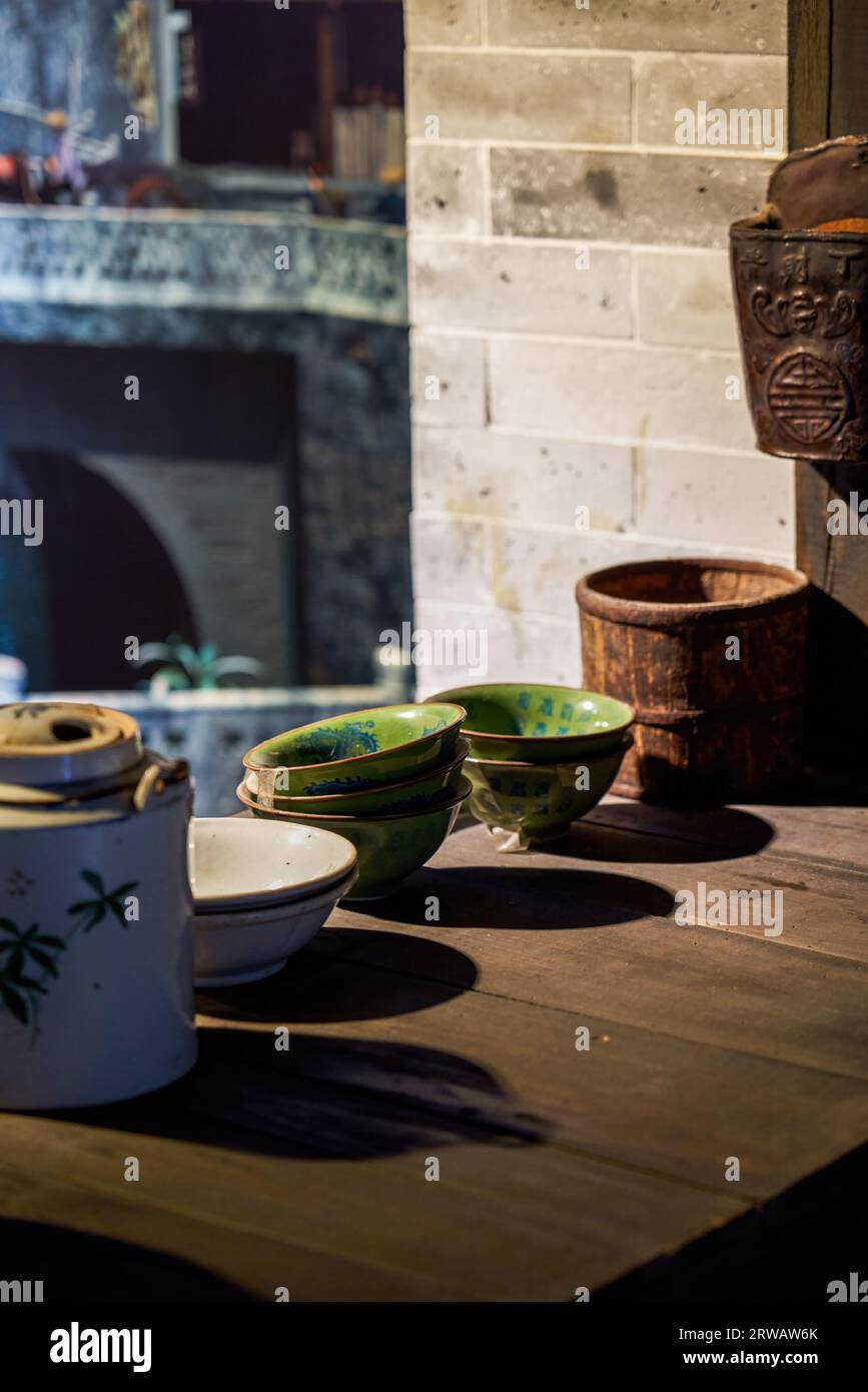 Old tea bowls and teapots in ancient Chinese traditional teahouse Stock ...