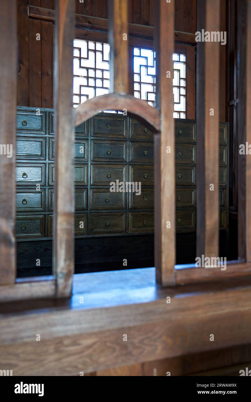 Close-up of the counter in an ancient Chinese traditional bank Stock ...