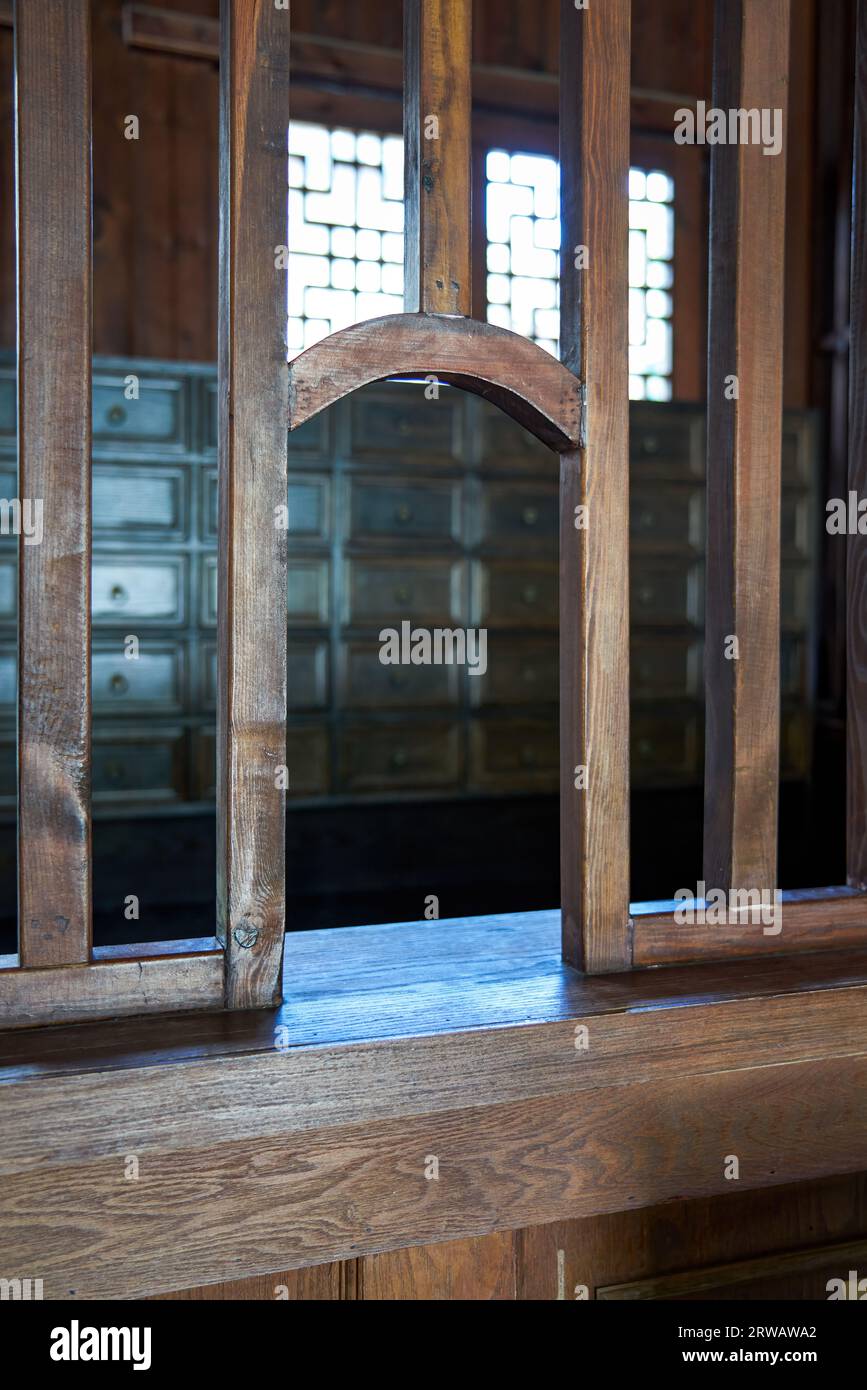 Close-up of the counter in an ancient Chinese traditional bank Stock ...