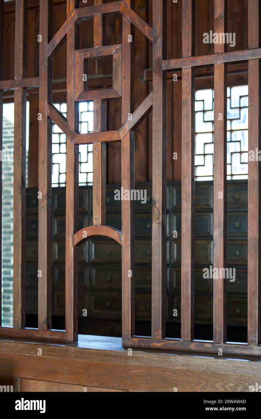 Close-up of the counter in an ancient Chinese traditional bank Stock ...