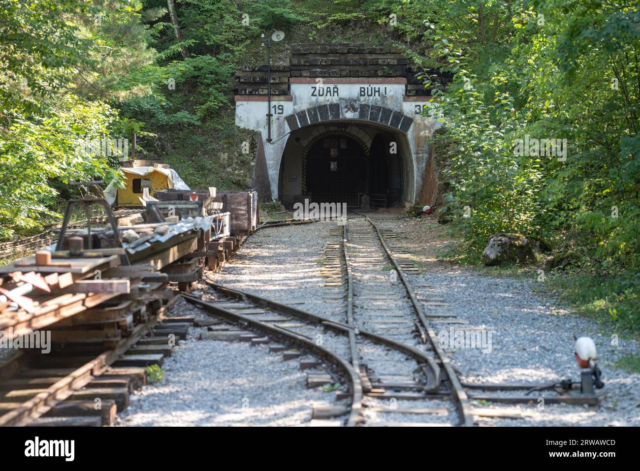 Entrance to an old limestone mining adit with narrow gauge train tracks ...