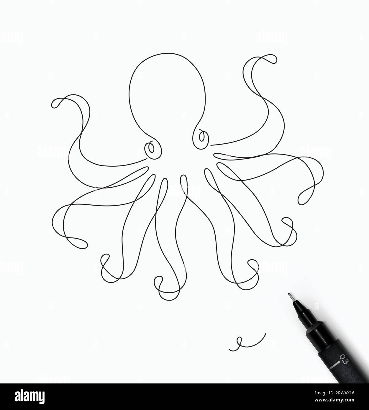 Octopus sea creature drawing in pen line style on white background ...