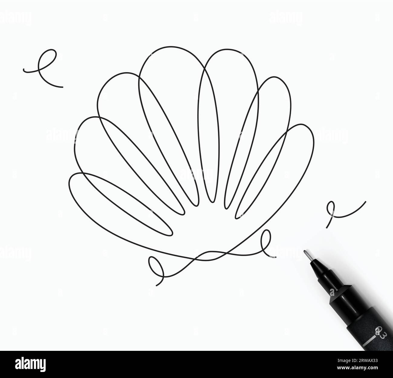 Sea shell ocean creature drawing in pen line style on white background ...