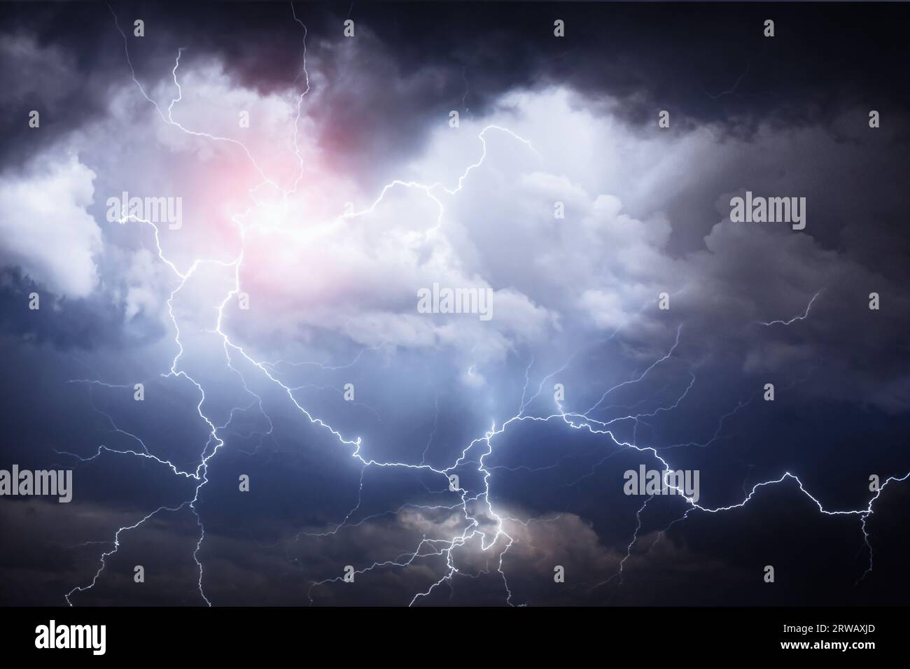 A dark cloudy sky with thunder lightning bolt strike close up. Weather ...