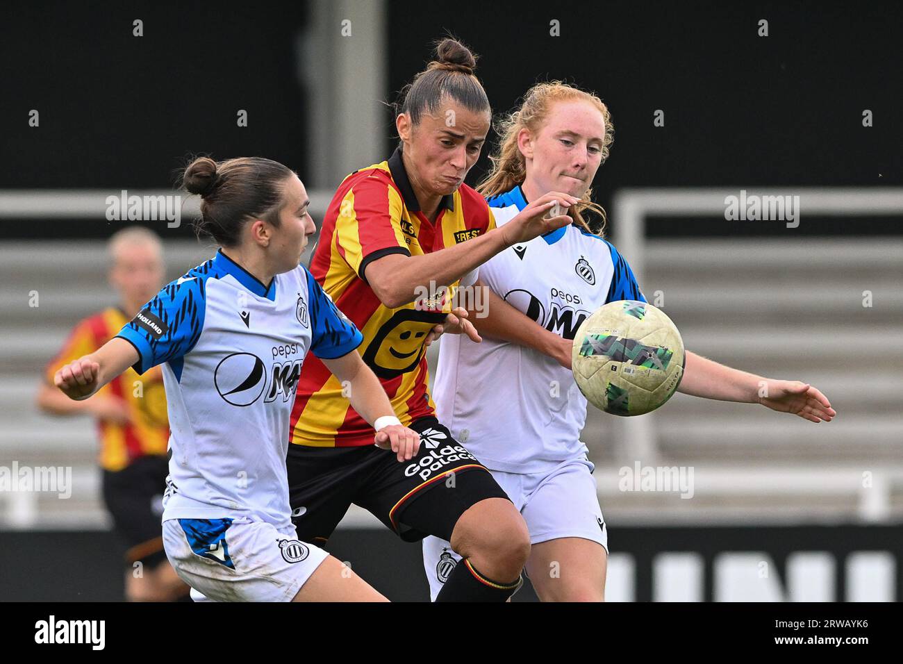 Roeselare, Belgium. 16th Sep, 2023. Ibtissam Bouharat (42) of KV Mechelen with Angel Kerkhove ...