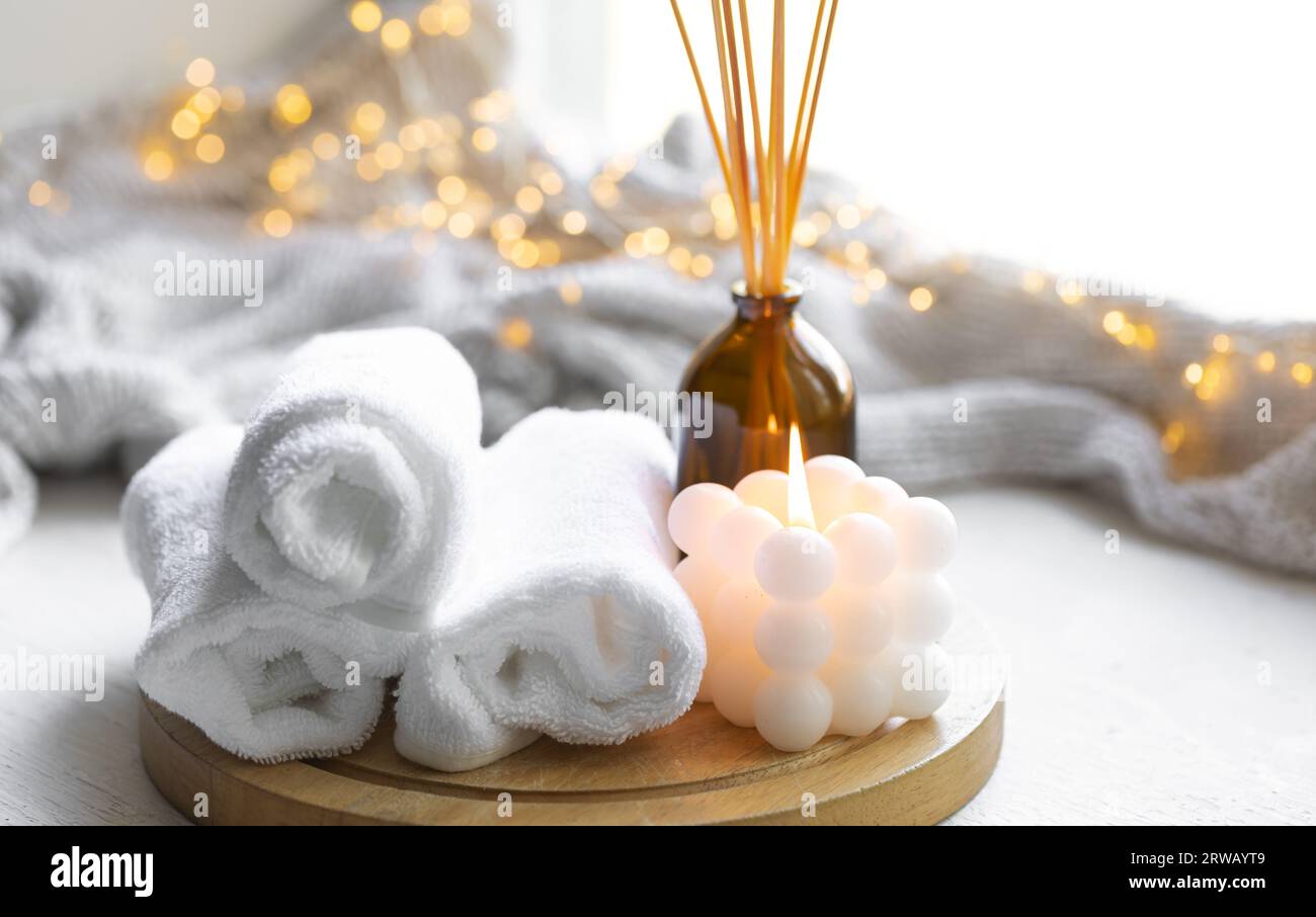 Christmas spa composition on a blurred background with bokeh lights ...