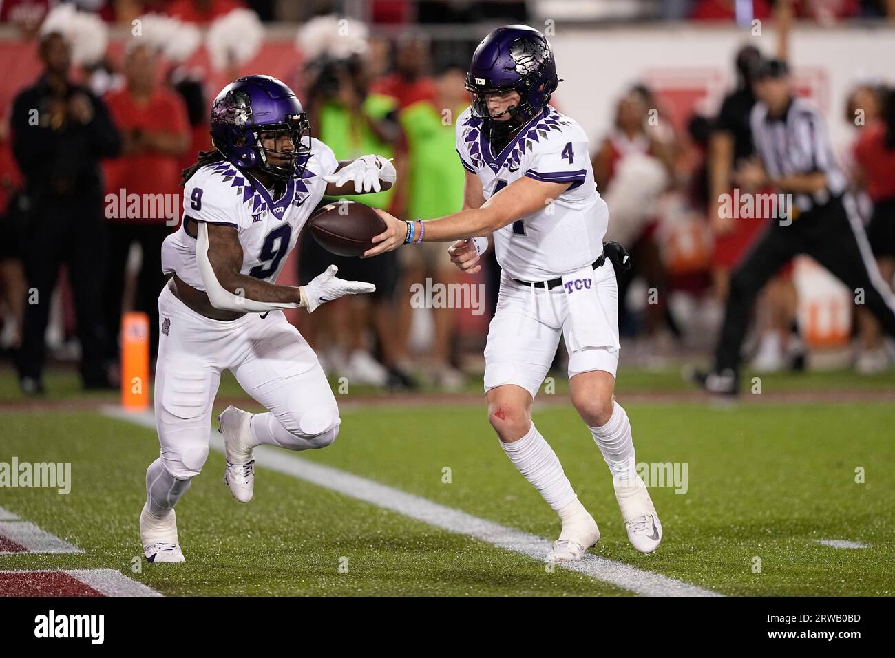 TCU quarterback Chandler Morris (4) hands the ball off to Emani Bailey ...