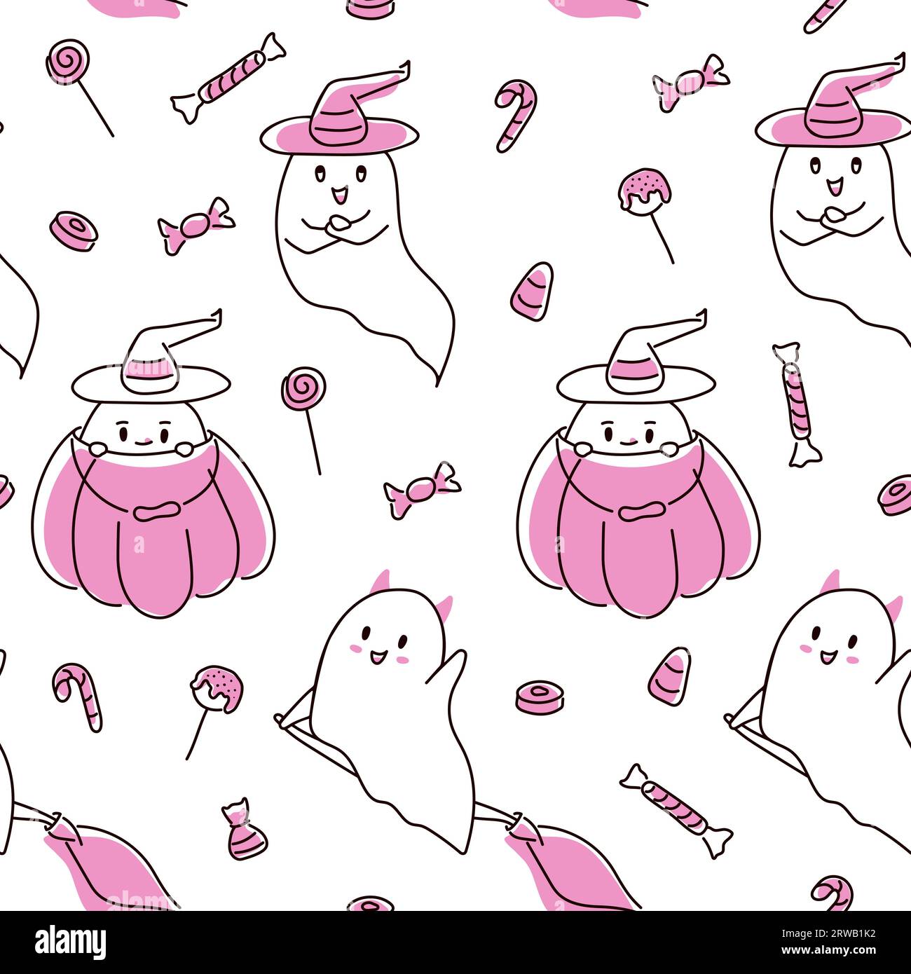 Pink spooky halloween ghosts with candy seamless pattern repeat print ...