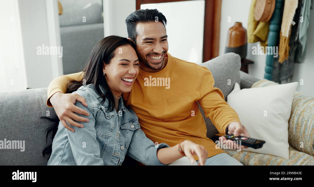 Couple, smile and watch movies on tv, news and cable show for media ...