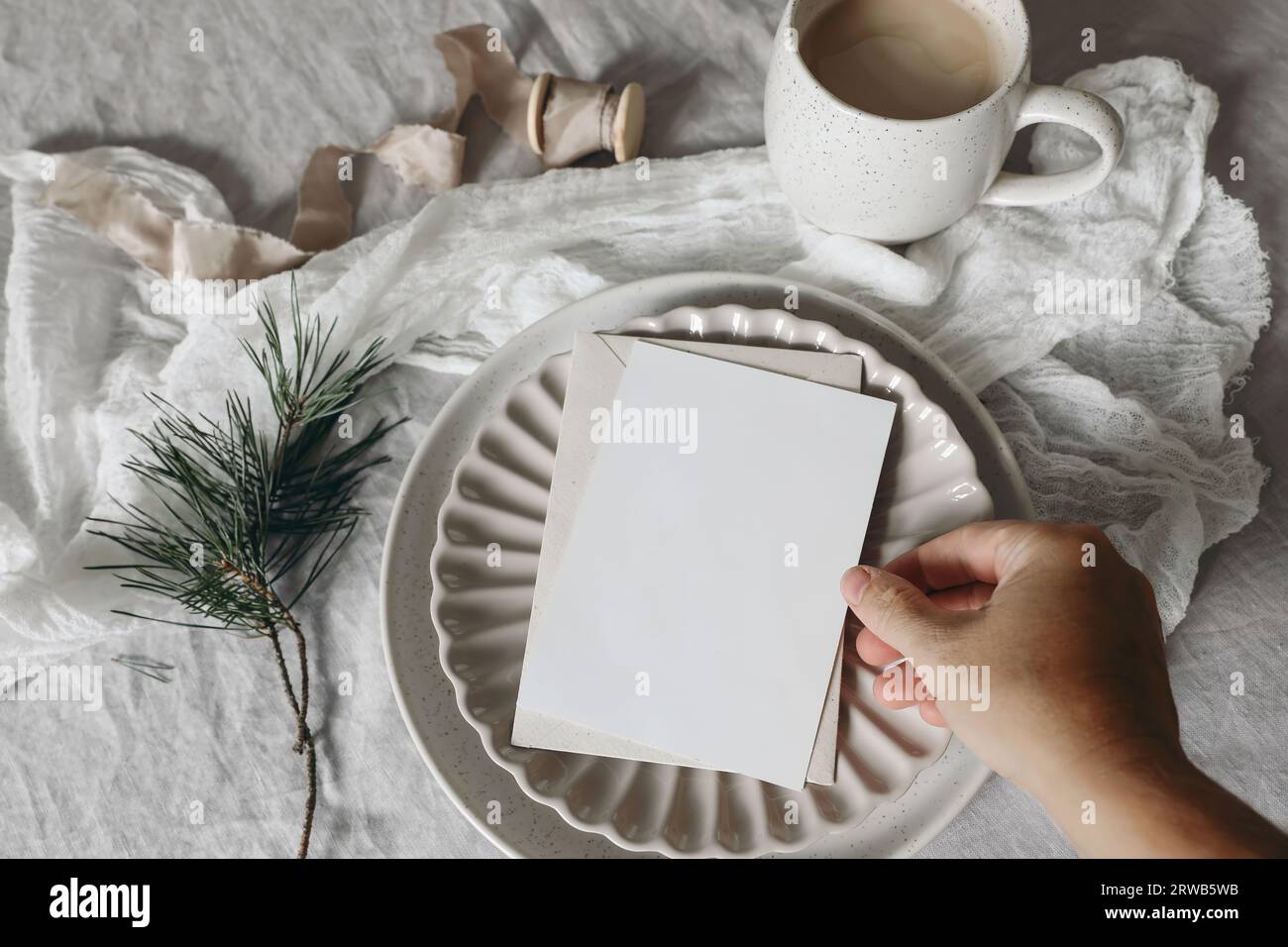 Christmas still life. Female hand holding blank vertical greeting card ...