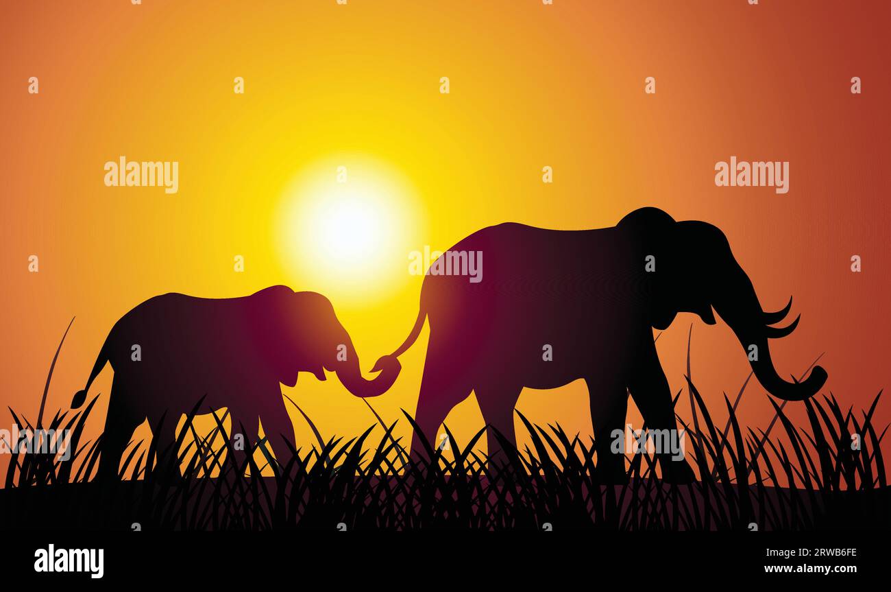 elephant silhouette afternoon backgrounde vector illustration Stock ...