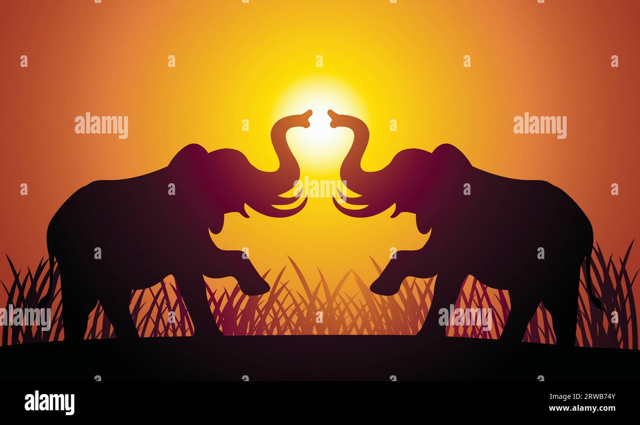 Elephant silhouette natural nuances of dusk and sun background vector ...