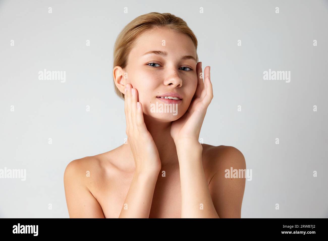 Portrait of attractive young girl with well-kept skin and perfect face ...