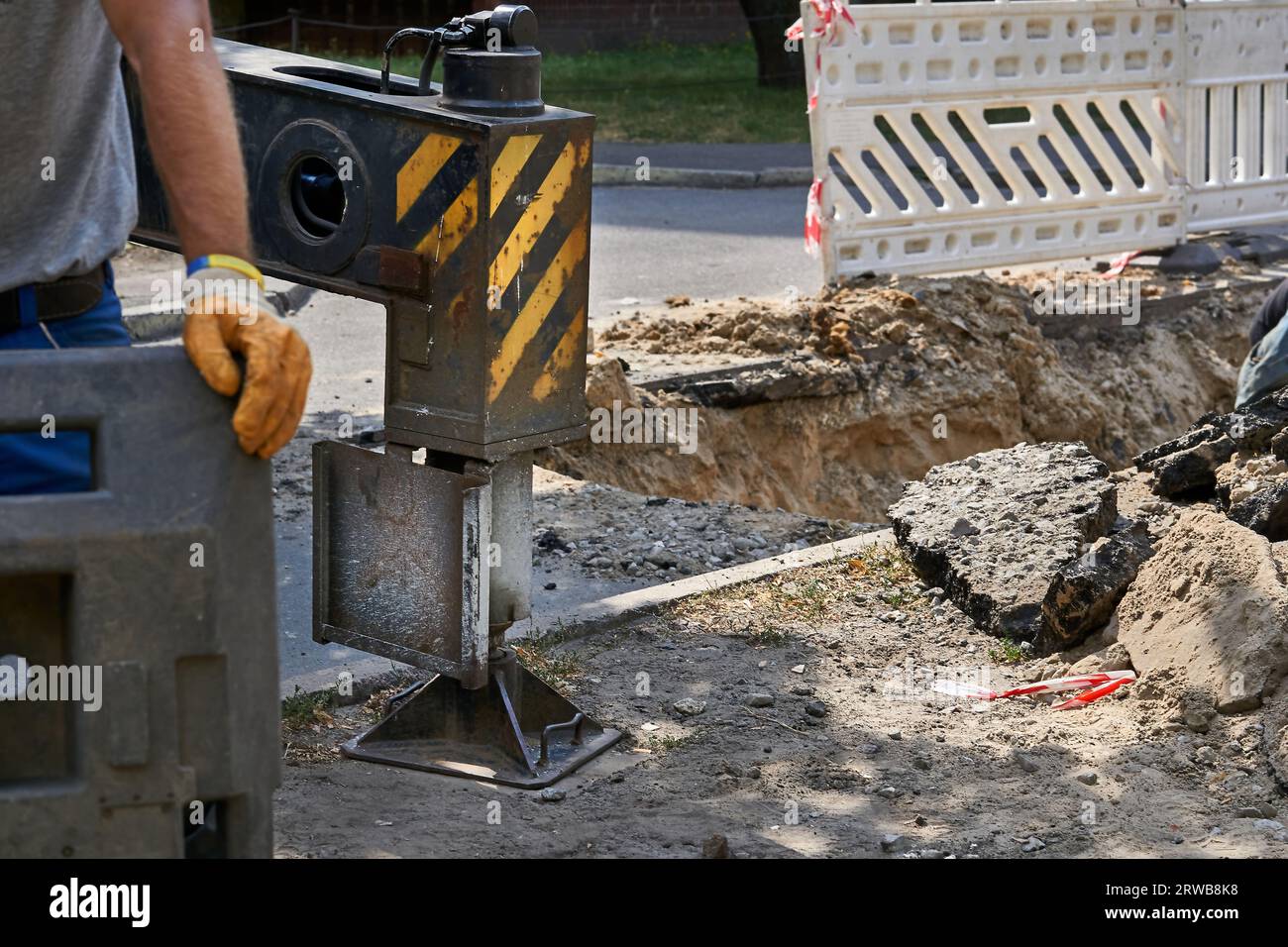 Road repair. Side support stops for lifting machine, truck crane Stock ...