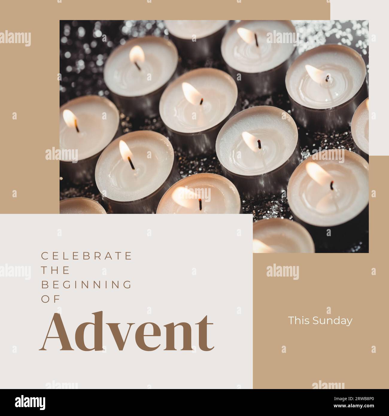 Composite of celebrate the beginning of advent text and lit candles on ...