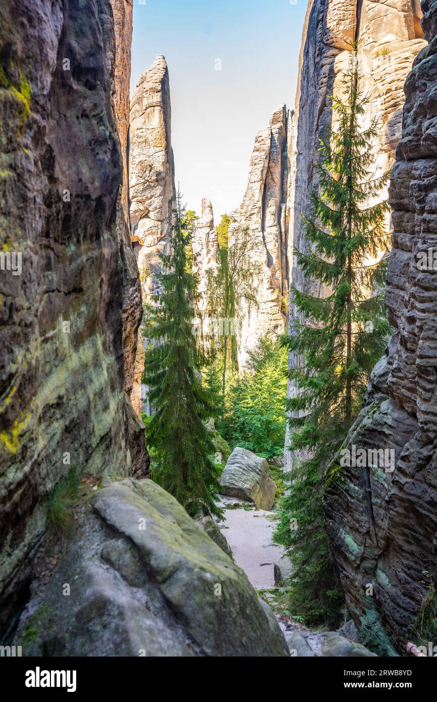 Prachovske skaly in sun lights, Cesky raj sandstone cliffs in Bohemian ...