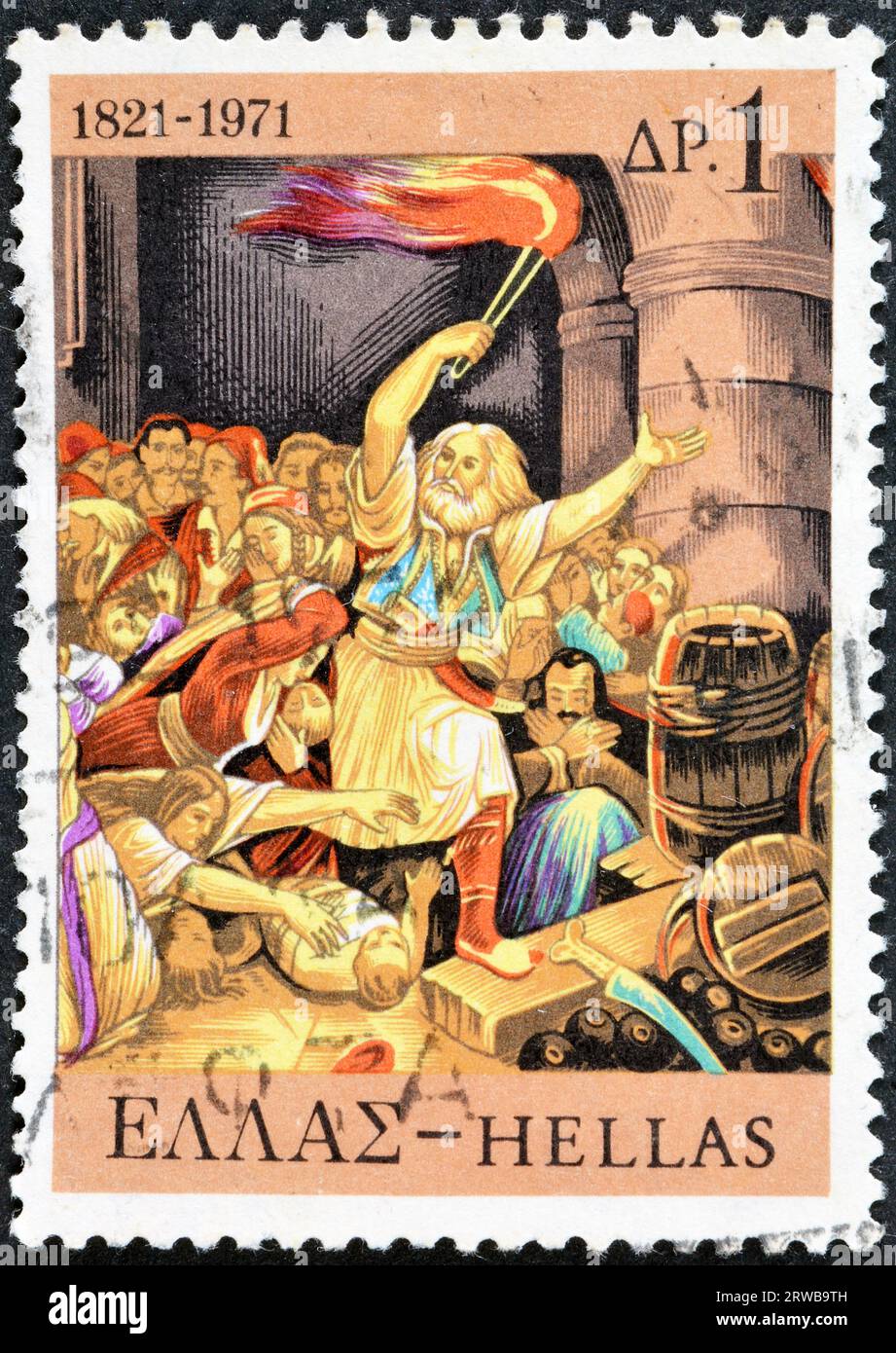 Cancelled postage stamp printed by Greece, that shows 1821 Revolution ...