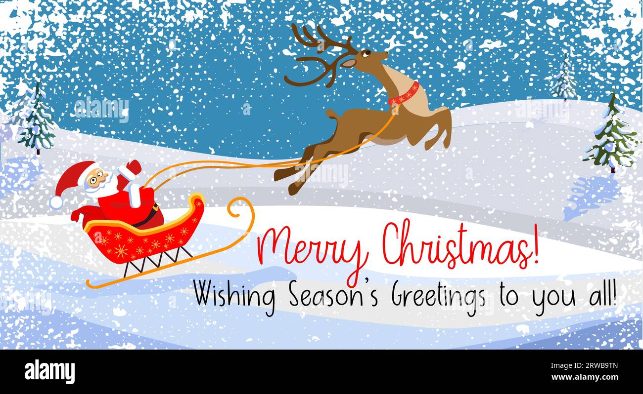 Christmas card. Santa Claus on a sleigh with a deer. Winter greeting ...
