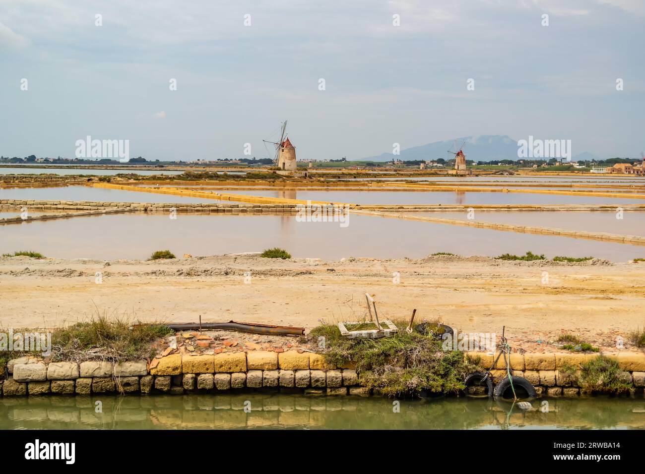 View over the salt pans of Marsala with its windmills, Sicily, Italy ...