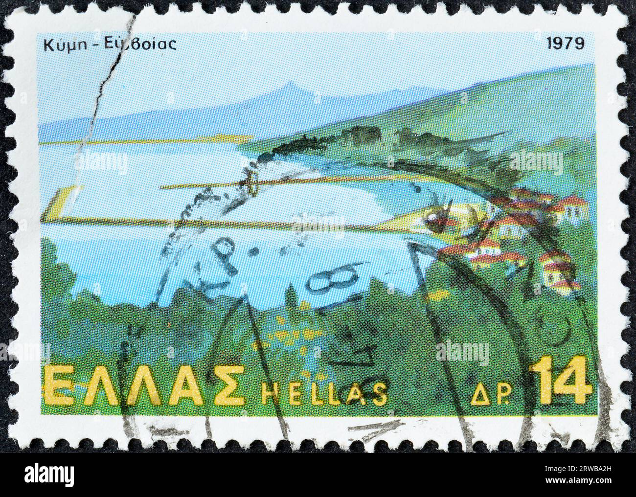 Cancelled postage stamp printed by Greece, that shows Kymi, Island of ...