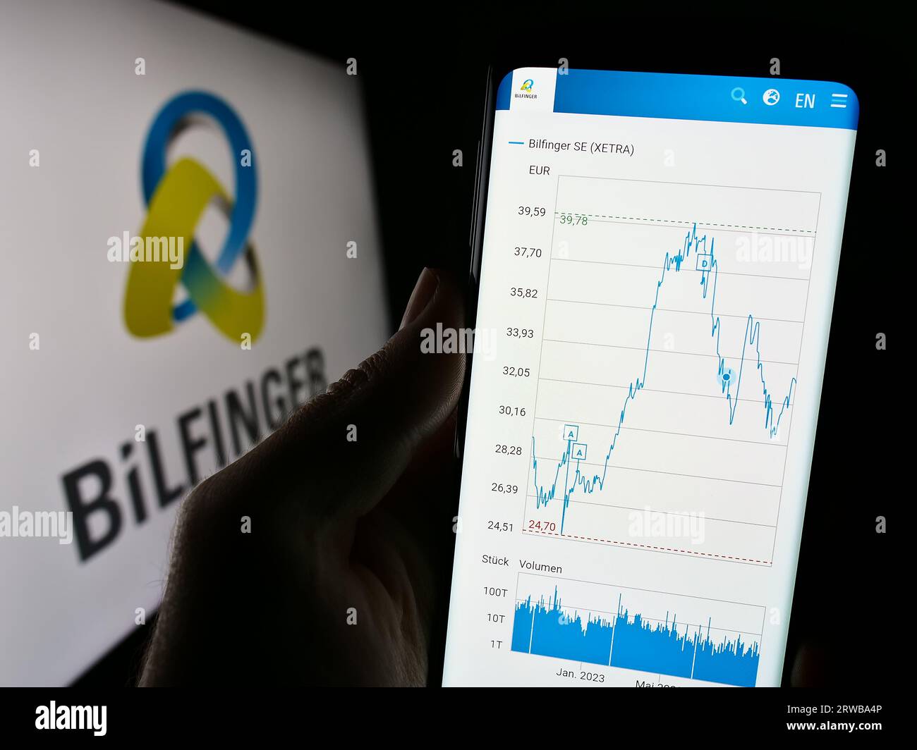 Person holding cellphone with webpage of German construction company ...