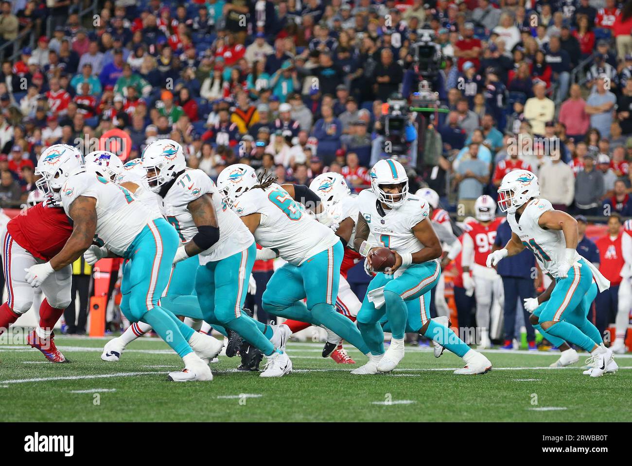 Foxborough, MA, USA. 17th Sep, 2023. MA, USA; Miami Dolphins quarterback Tua Tagovailoa (1) in ...