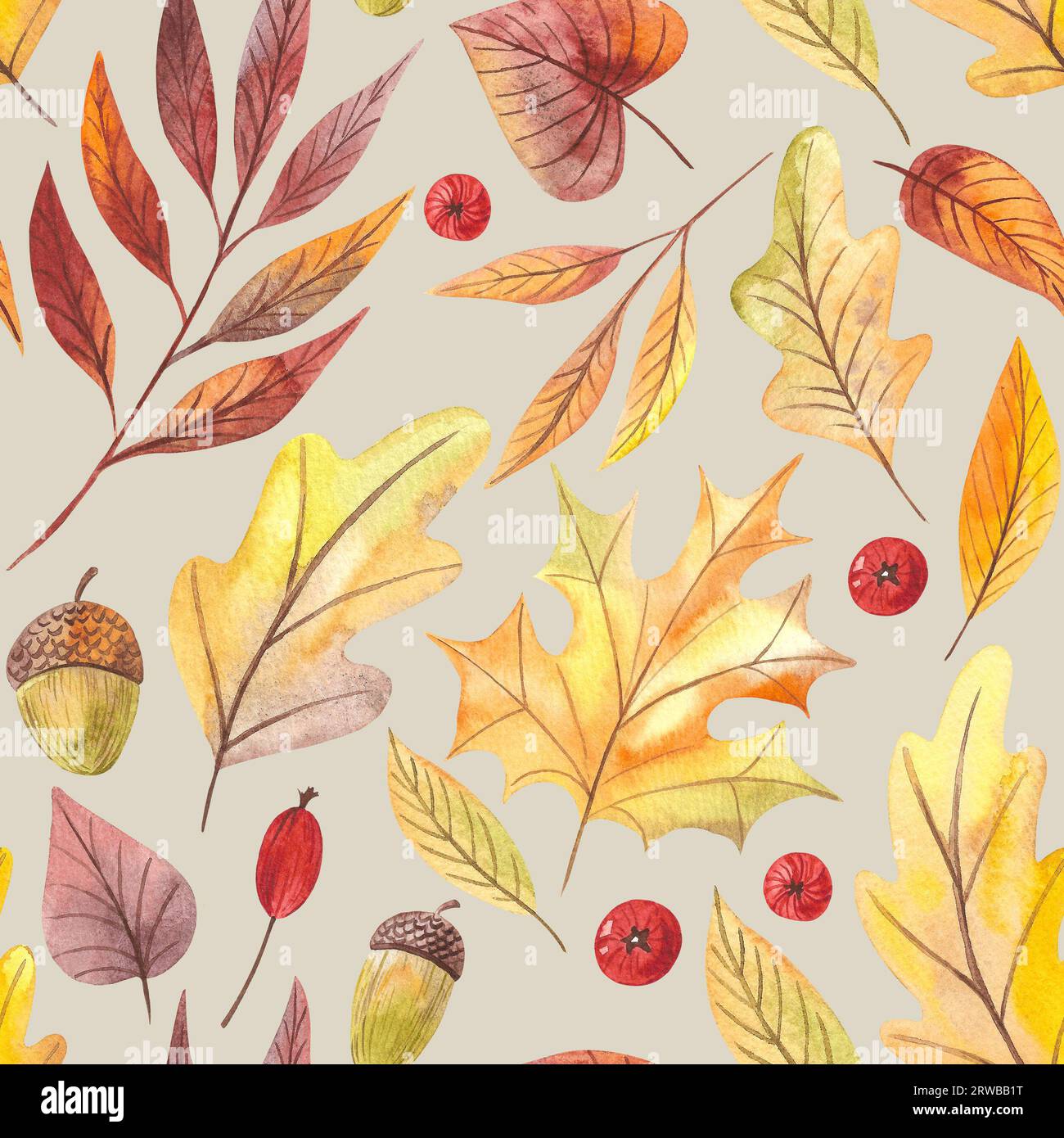 Hand drawn watercolor pattern with autumn leaves. Forest design ...