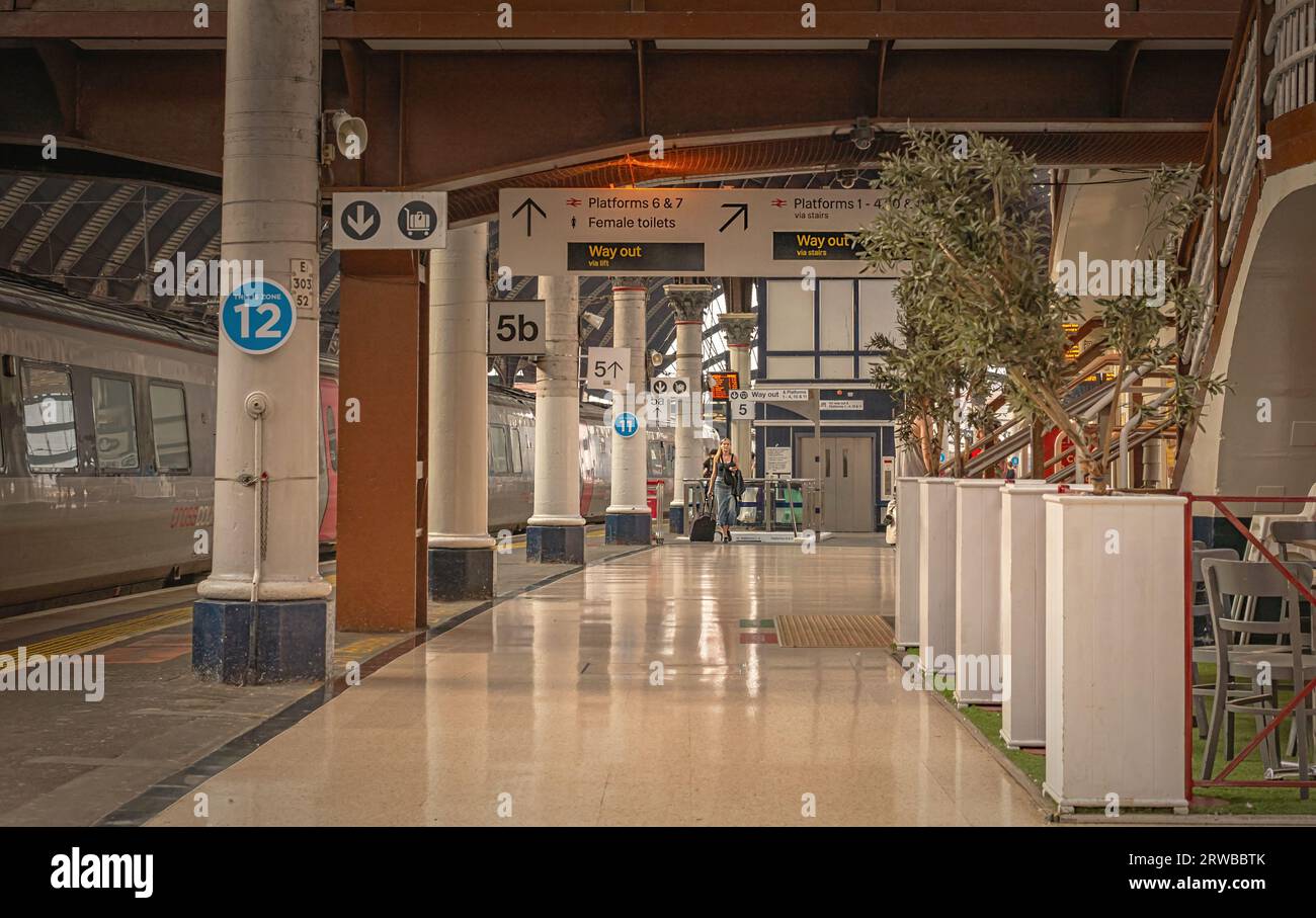 Columns line a railway station platform with the carriages of train on ...