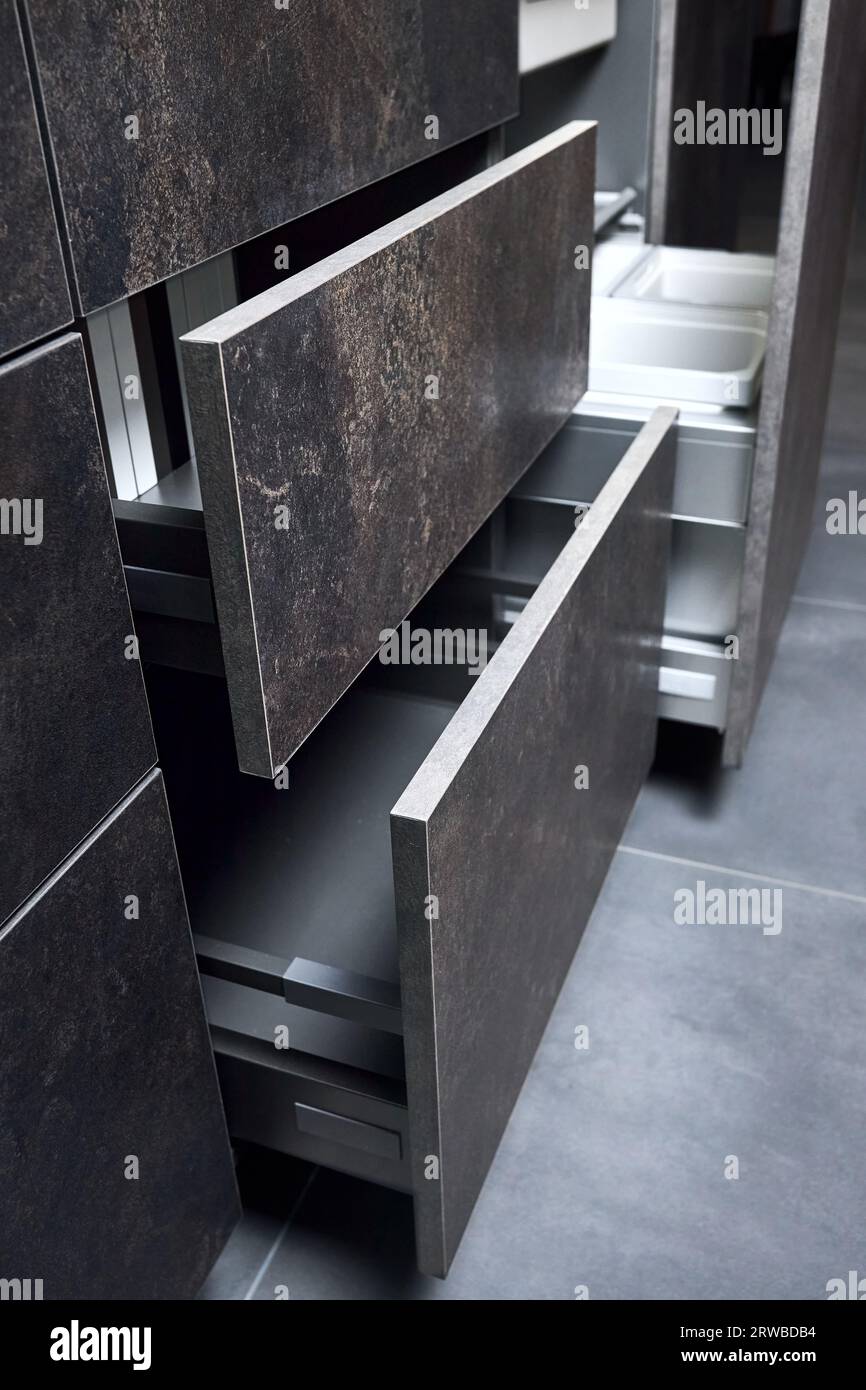 Horizontal sliding pull out drawer shelves storage in kitchen cupboard ...