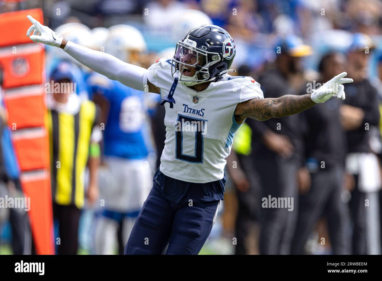 Tennessee Titans cornerback Sean Murphy-Bunting (0) reacts to making a ...