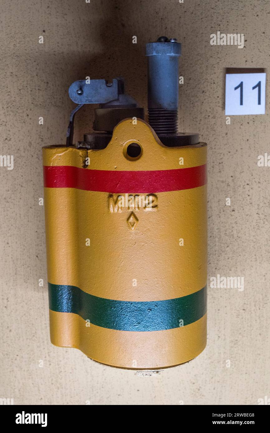 British anti-personnel Chrapnel mine Mark 2 (c1943) on display in the ...