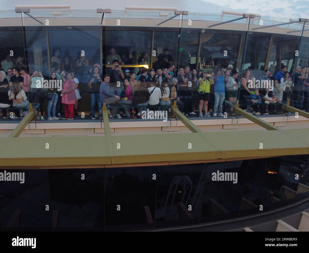 (Editor's note: Image taken by drone) People stand inside the Space ...